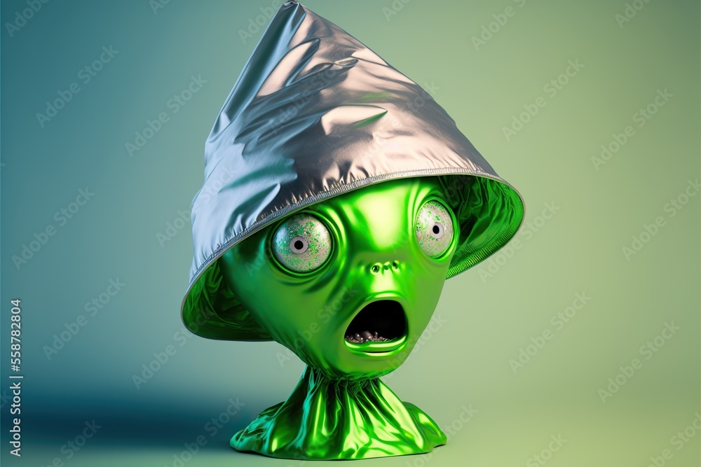 Frightened paranoid green alien wears a tinfoil hat, created with ...