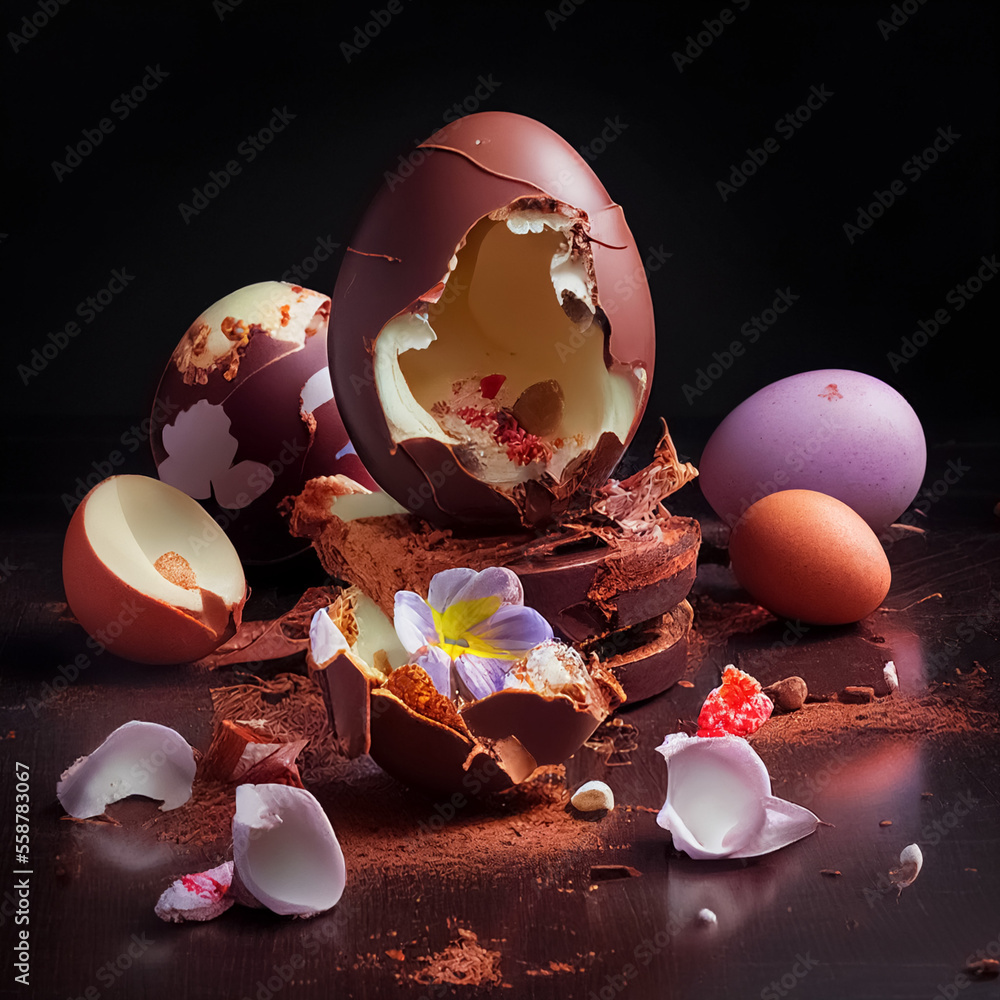 Ruined Easter table with chocolate eggs and cakes. Messy, chaotic ...