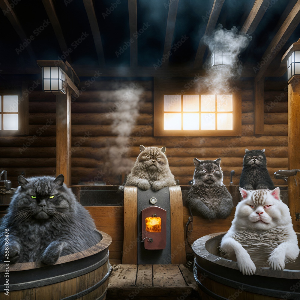 A cat spa,group of British cats relax in a Finnish sauna and by taking ...