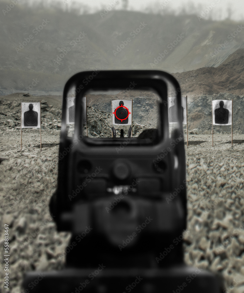 Assault rifle red dot target view, image of a rifle scope sight used ...