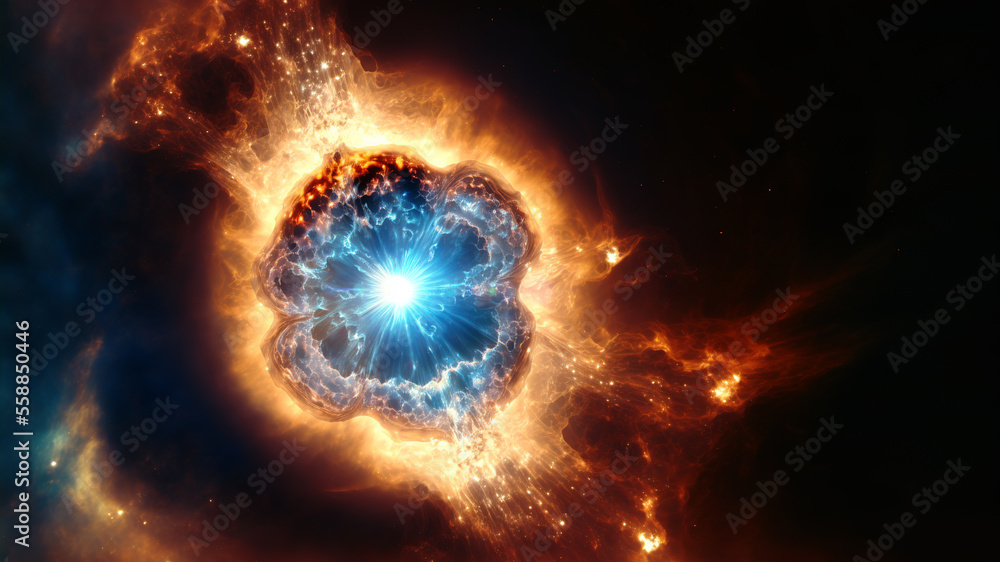 View of the birth of a star in space during a nebula explosion. Nuclear ...