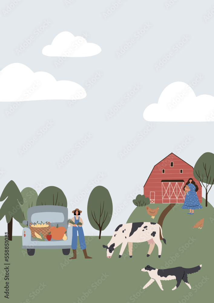 Printable farm life scenery poster, farm landscape illustration ...