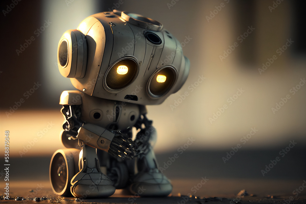 Young humanoid sad lonely robot child suffering from depression which can lead to cyber mental ...