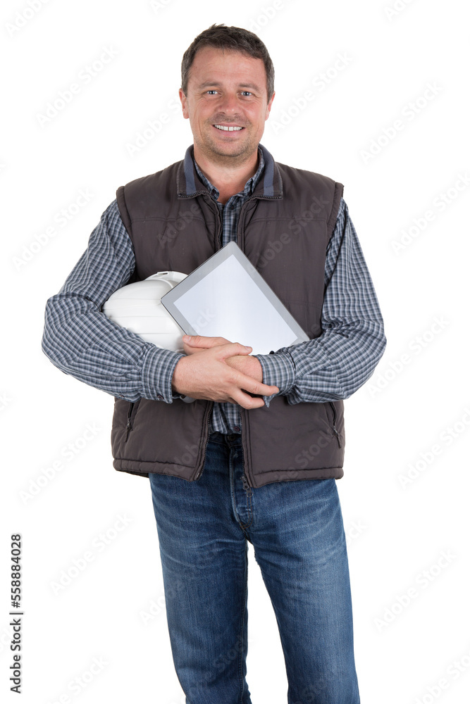 man Manual worker smiling male craftsman with construction site helmet ...