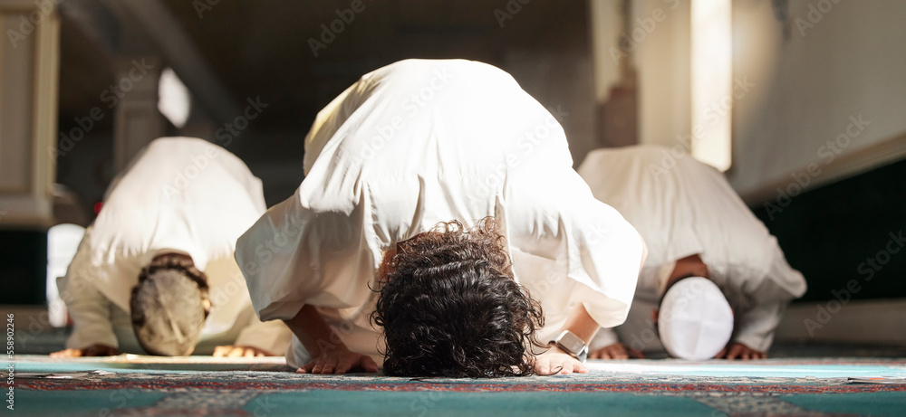 Muslim, prayer and mosque with a spiritual man group praying in faith ...