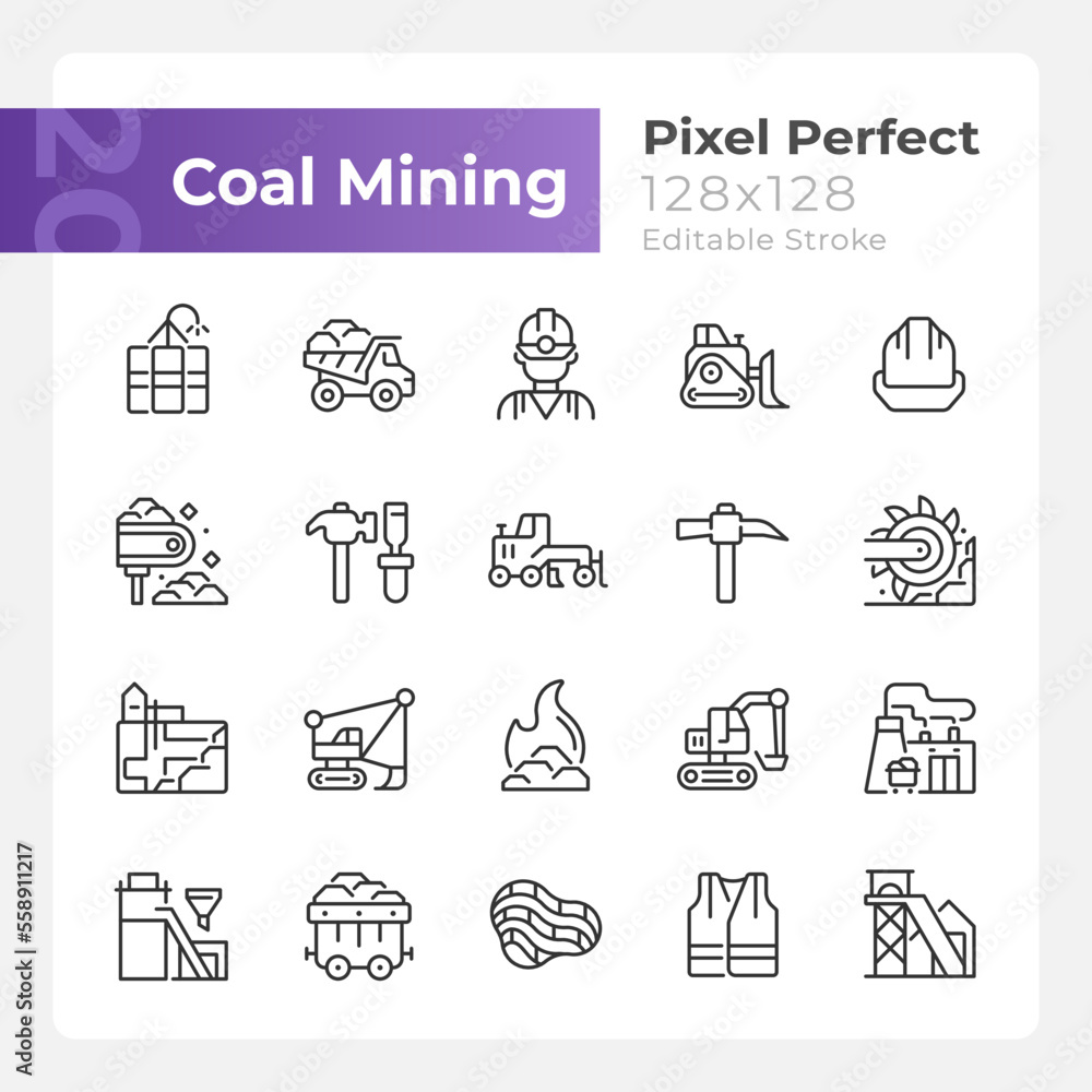 Coal mining pixel perfect linear icons set. Personal protective ...