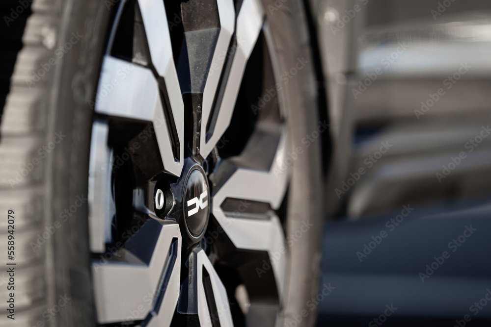 Dacia Duster. Close up view of this car wheels with the brand new logo ...