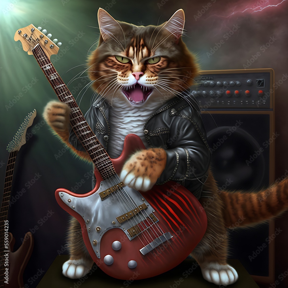 Cat as a deathmetal star playing guitar on a concert stage. High ...