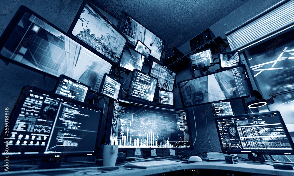 set up in the hacker room background user view Stock Illustration ...