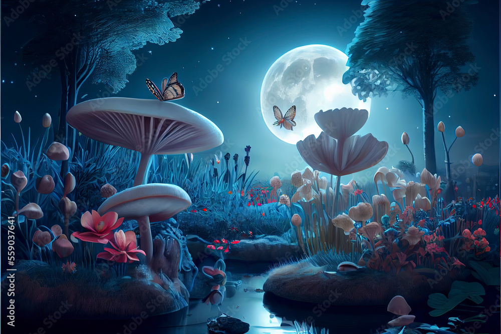 fantastic wonderland landscape with mushrooms, lilies flowers Stock ...