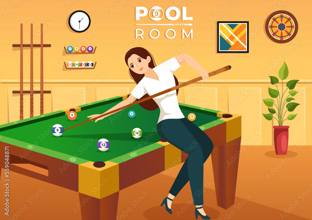 Billiards Game Illustration with Player Pool Room with Stick, Table and ...