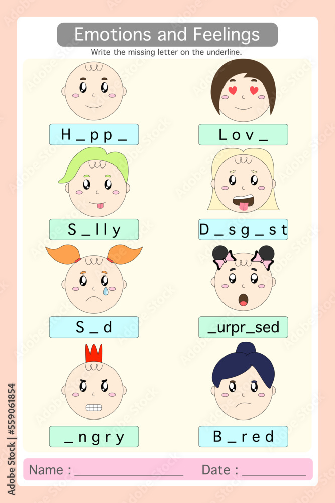 Vektor Worksheet emotions and feelings. write the missing letter on the ...