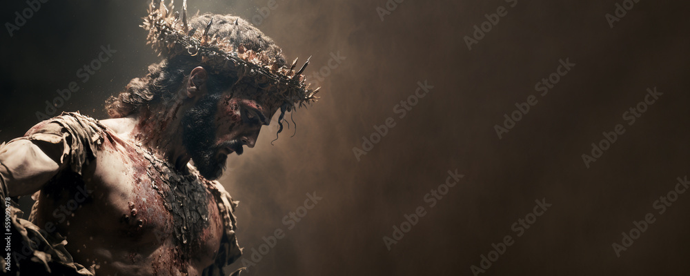 Jesus Christ, Savior of mankind, Banner. 5:2 8379x3350. Generative AI ...
