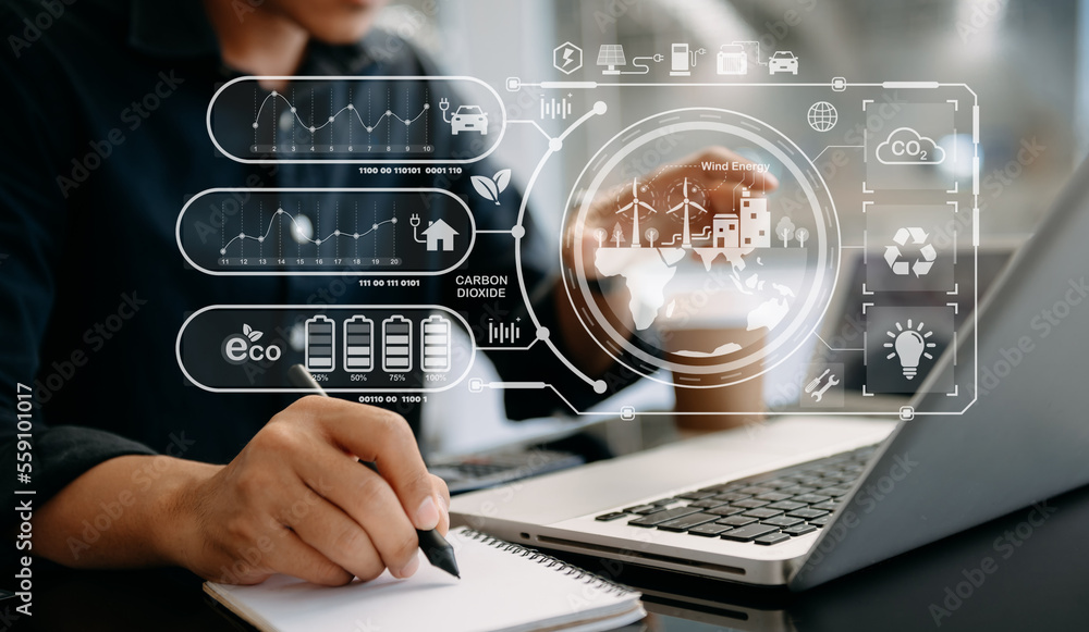 Business working with reduce CO2 concept with icons, global warming ...