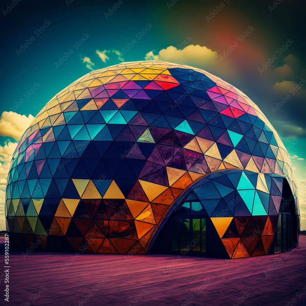 Colorful geodesic dome in desert. Dome is made of glass triangles ...