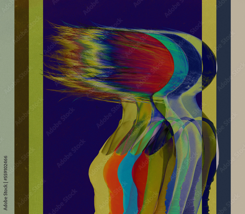Collage of abstract woman portrait with blowing hair on face in ...