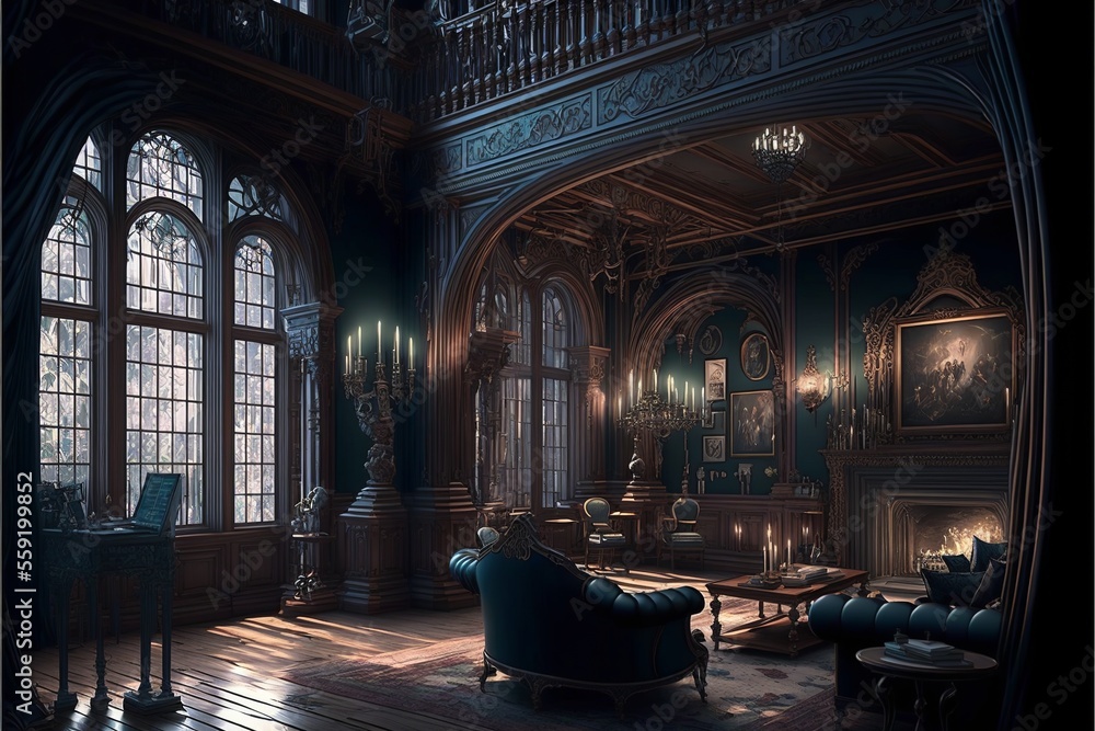 Victorian and gothic style fantasy mansion interior with wooden walls ...