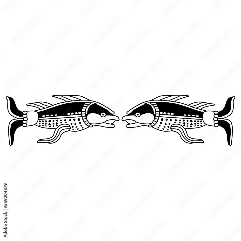 Symmetrical animal design or border with two fish. Native American art ...