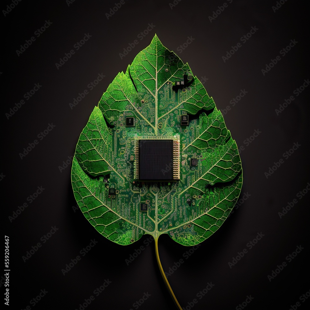 Green leaf as computer chip on a black circuit board, created with ...
