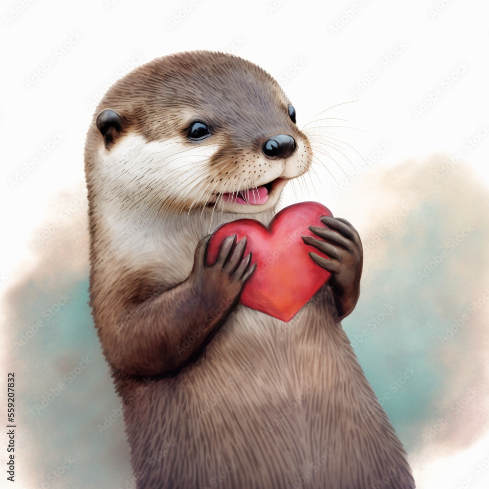 Valentine's day, cute otter holding a heart, art for souvenirs ...