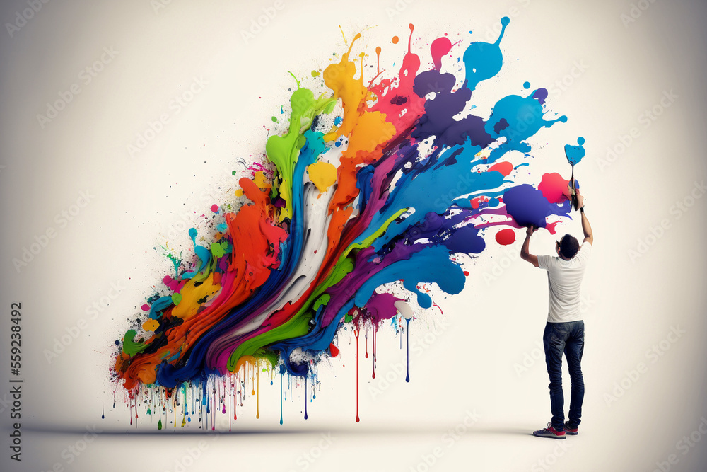 Stock-Illustration „Lustiger Maler streicht eine weiße Wand bunt mit ...