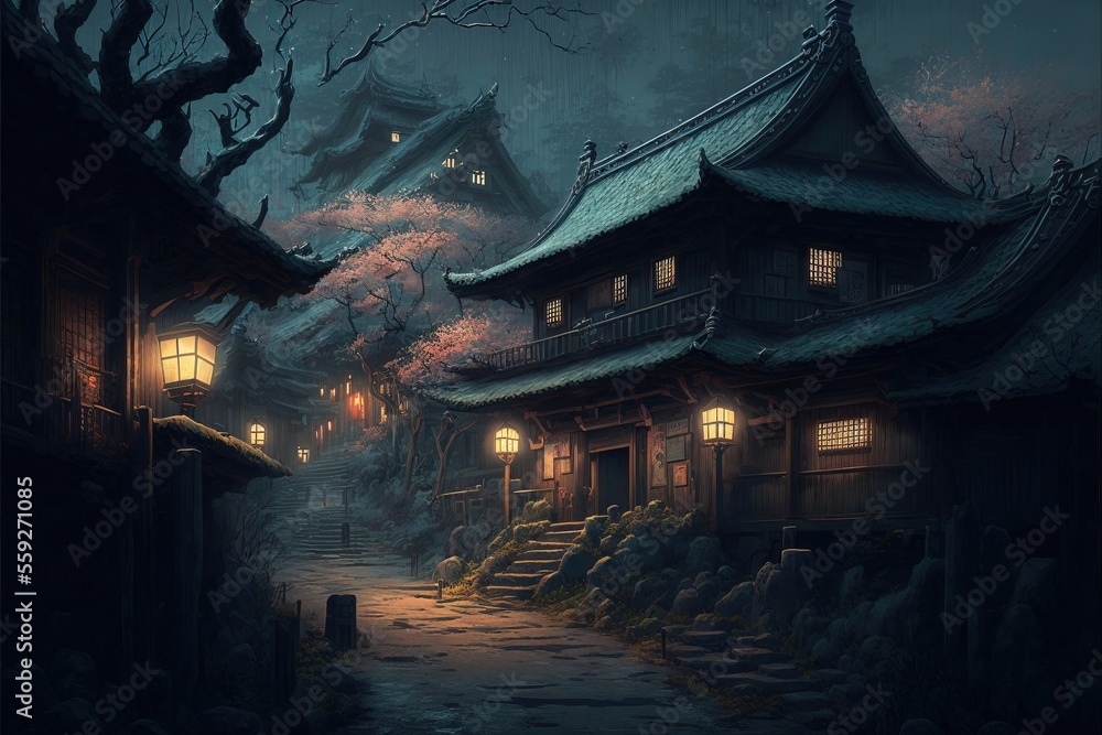 Fantasy Japanese Village at Night, Concept Art, Digital Illustration ...
