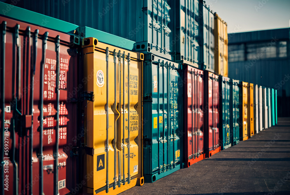 Shipping containers side by side and stacked with fictitious symbols ...