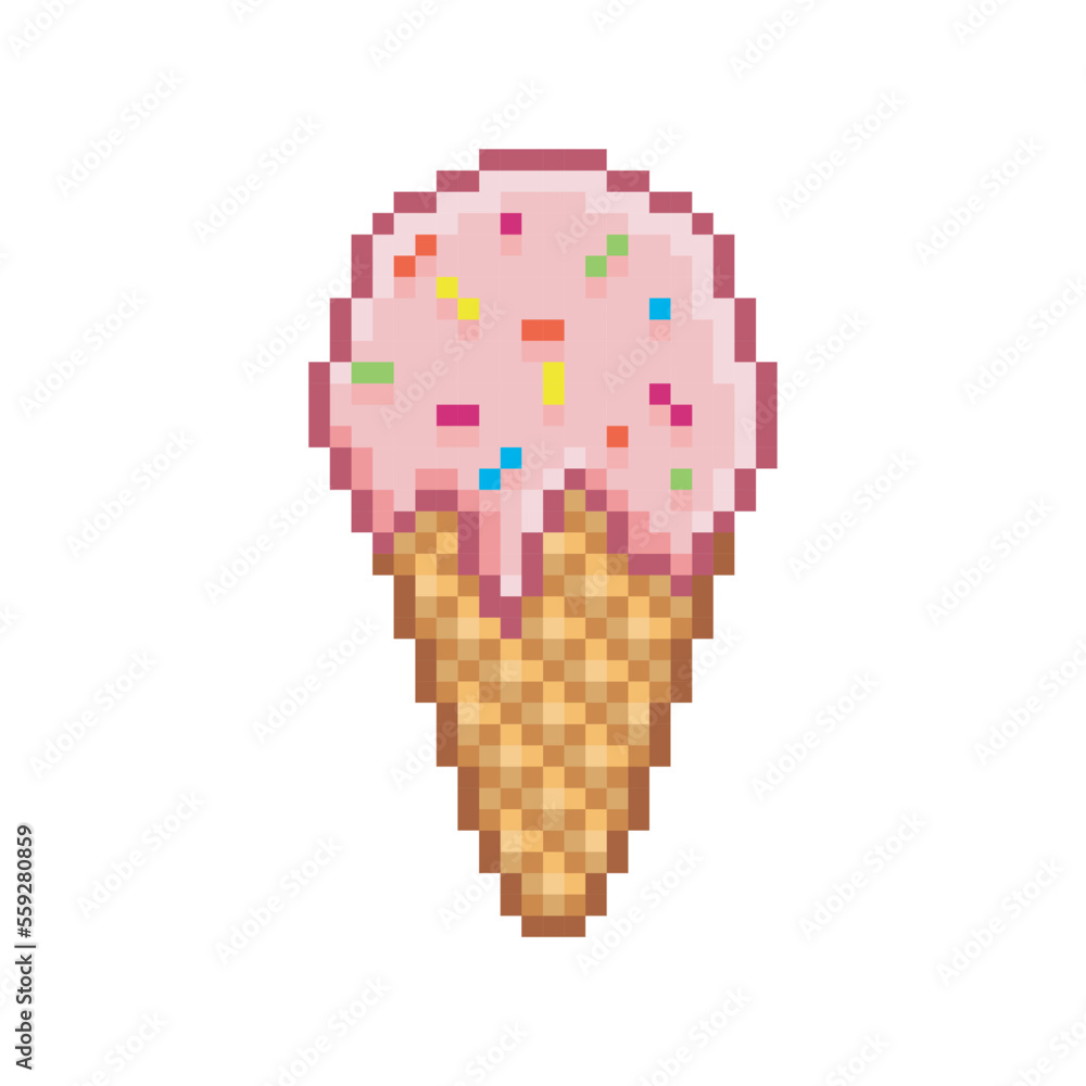 Ice cream cone strawberry flavor and colored sprinkles, pixel art food ...