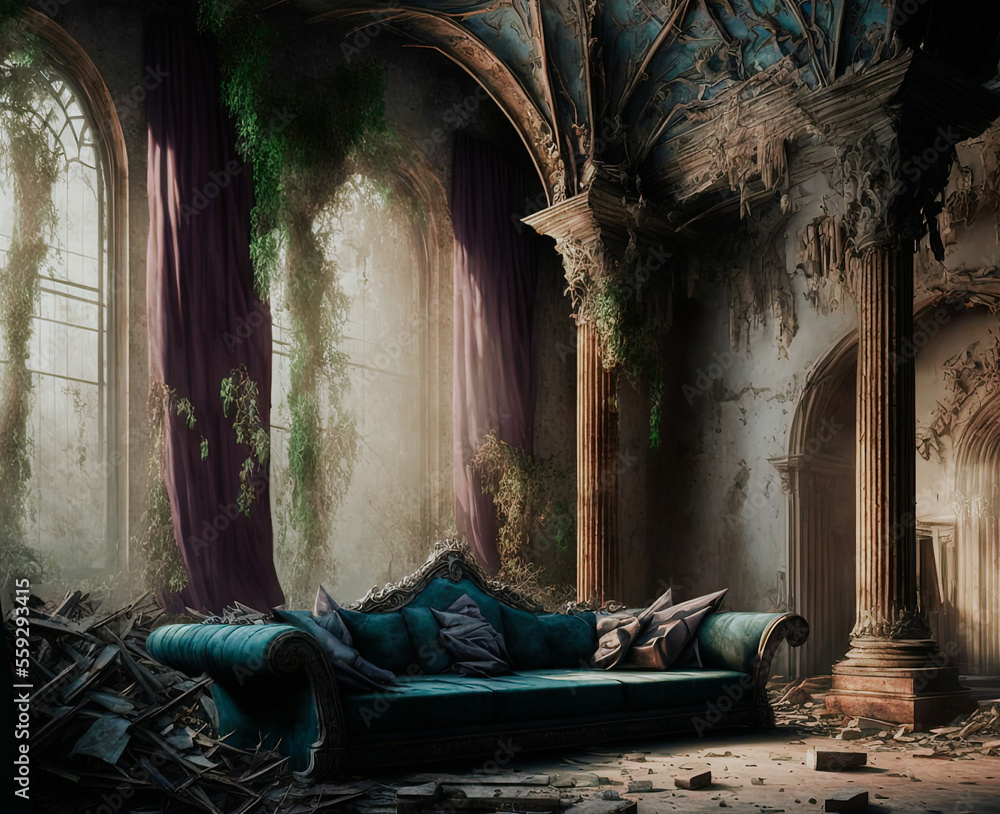 Old castle room overgrown with vines with a beautiful velvet blue ...