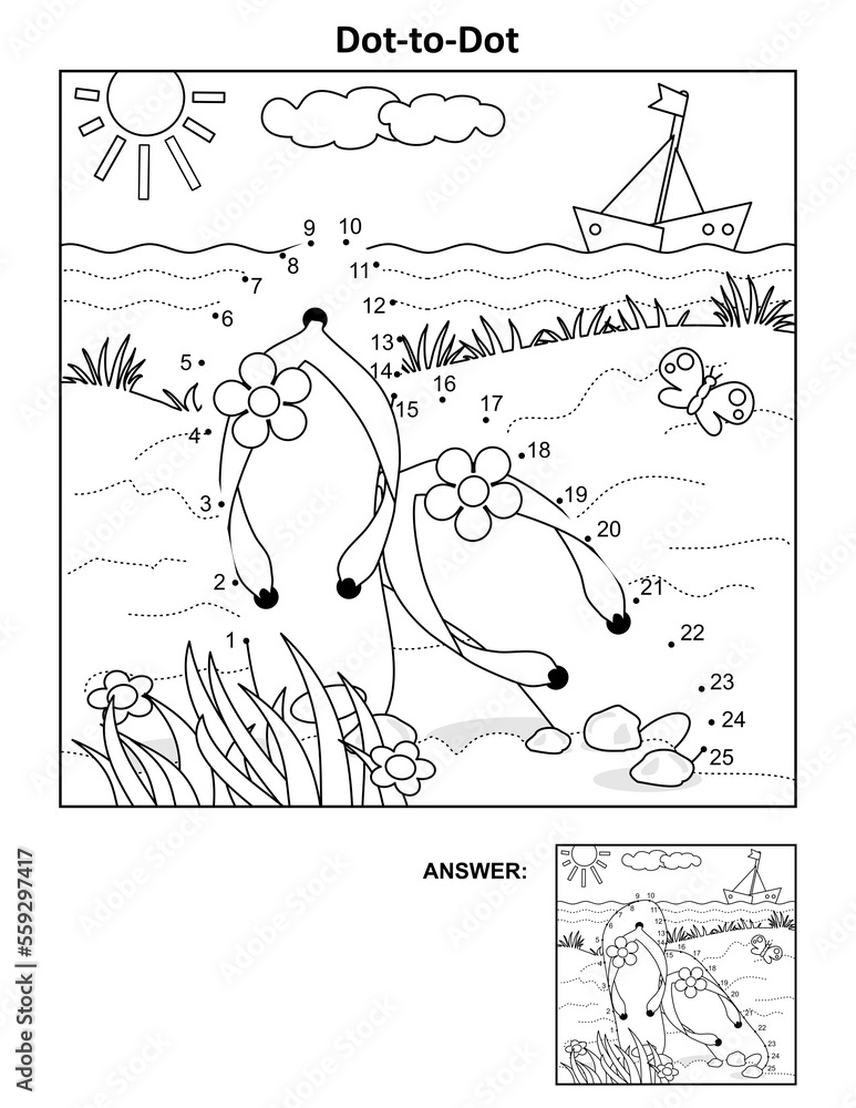 Summer vacation dot-to-dot picture puzzle and coloring page with flip ...