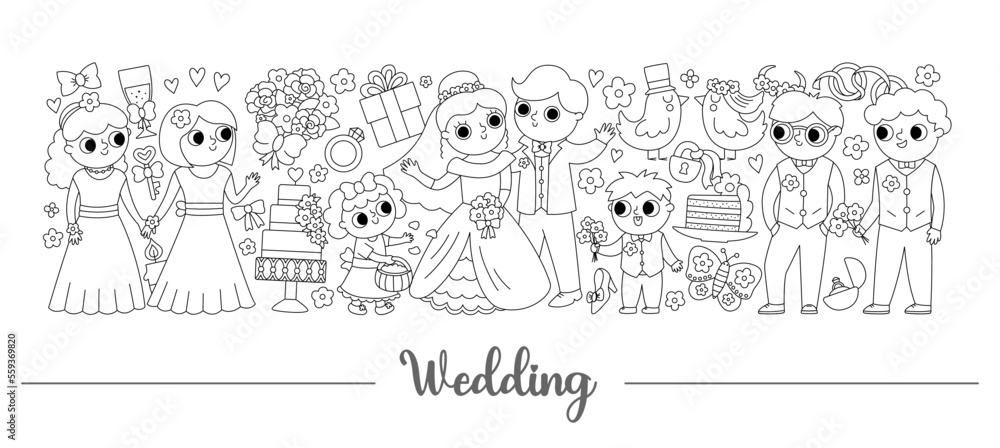 Vektor Vector black and white wedding horizontal border set with just ...