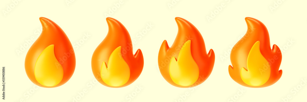 3d fire flame icons set isolated on white background. Render sprite of ...