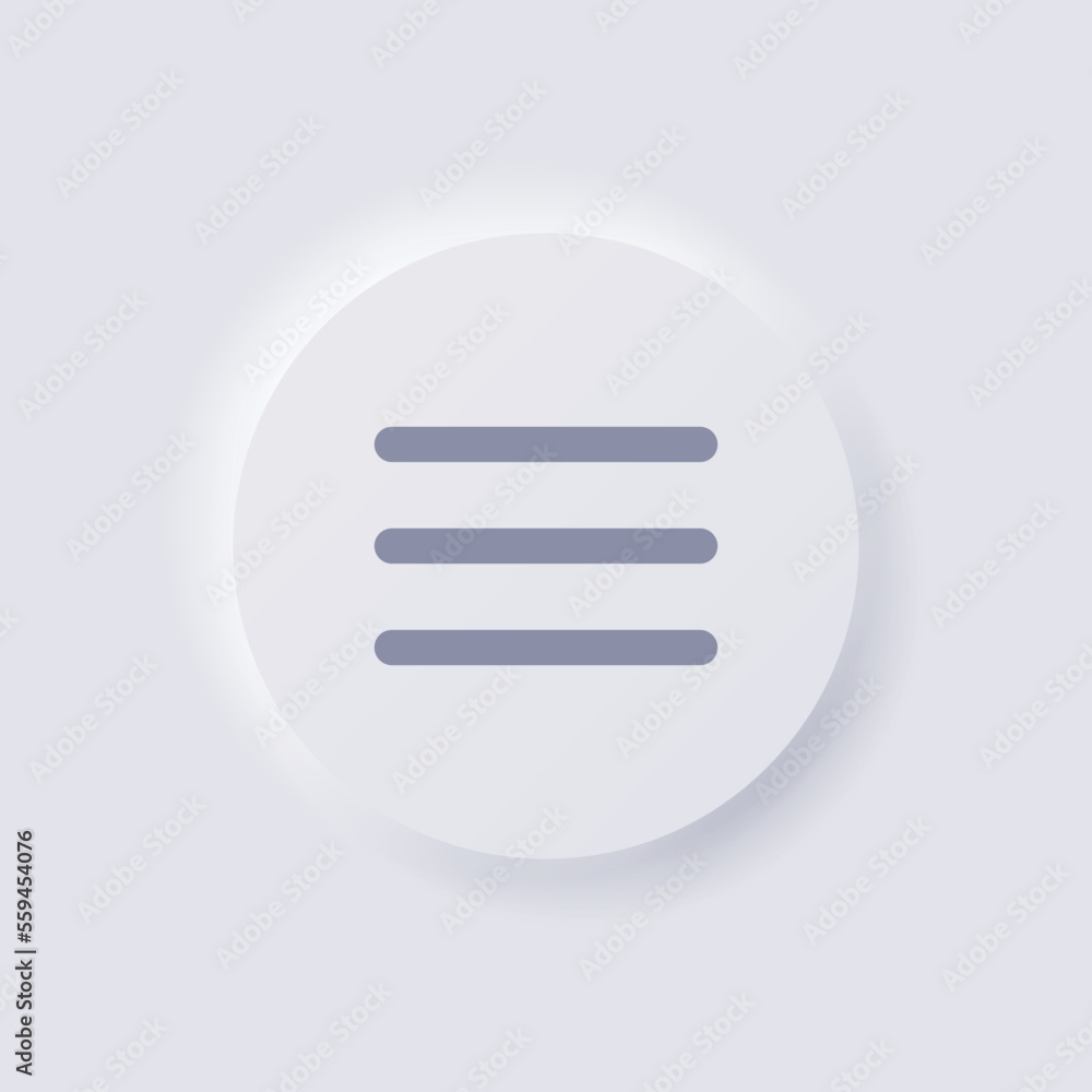 Three bar line menu Icon, White Neumorphism soft UI Design for Web design, Application UI and ...