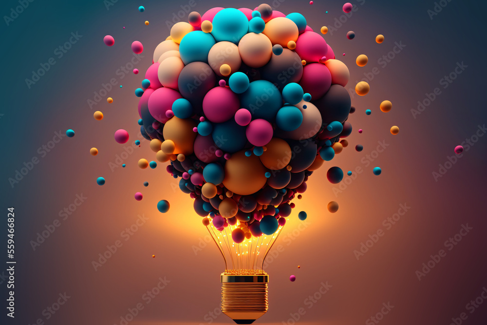 a colorful glowing idea bulb lamp, visualization of brainstorming ...