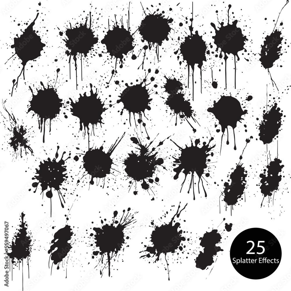 Set of ink drops and splash vector paint, black splatter effects, lots ...