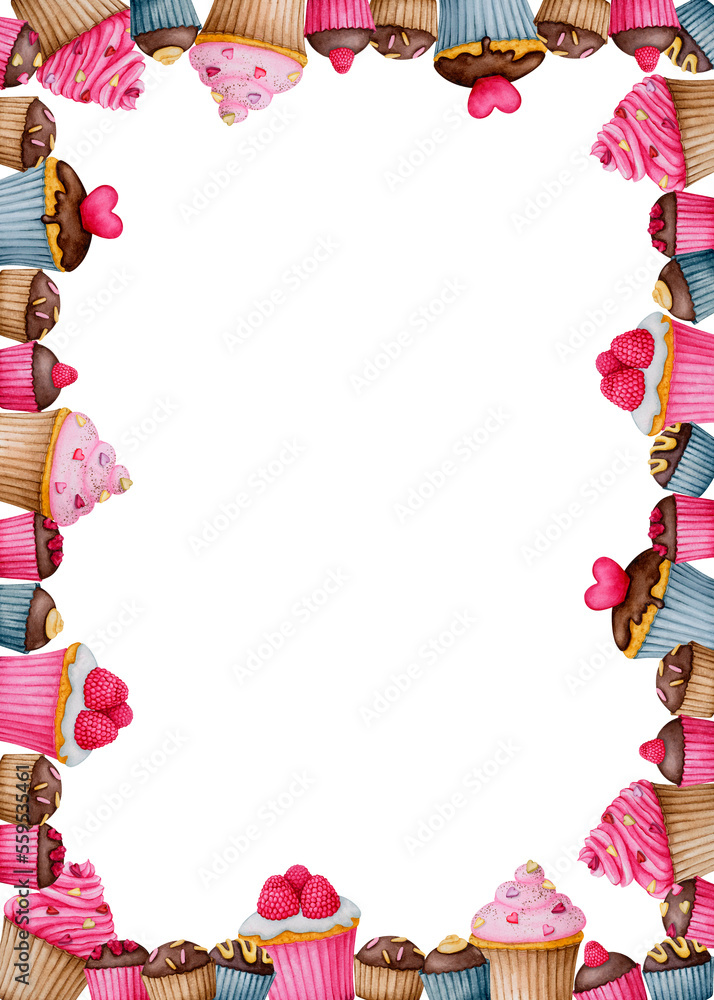 Rectangular vertical frame of cupcakes and chocolate. Watercolor border for the design of cards ...
