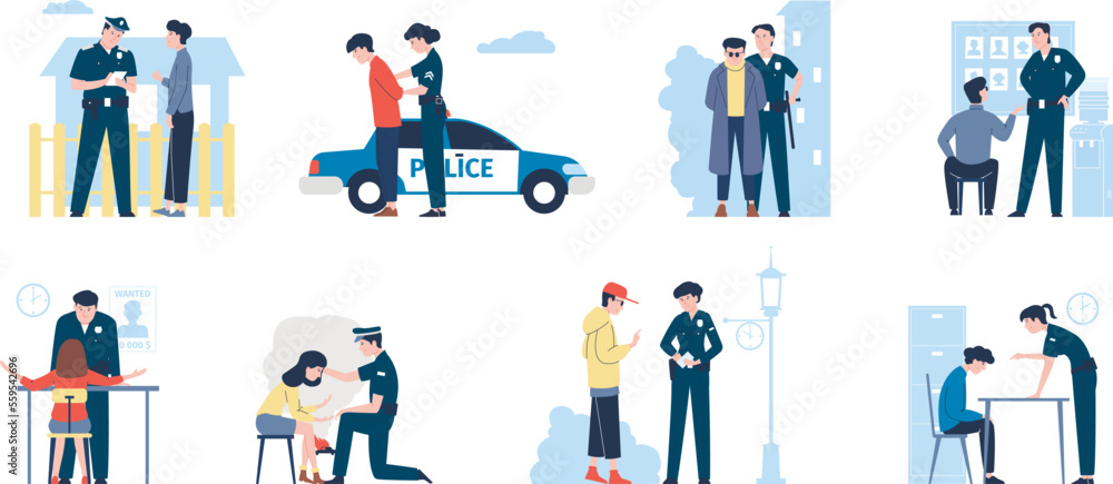 Police officers at work. Policeman and prisoner, officer listen victim ...