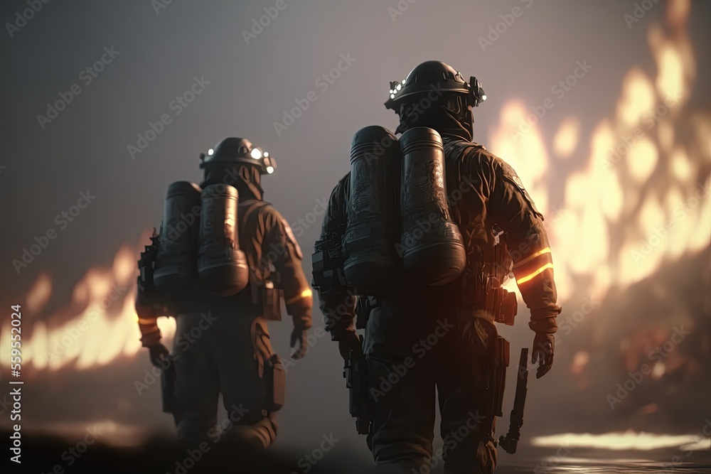 Futuristic cyberpunk soldiers in protective suits and gas masks in a ...