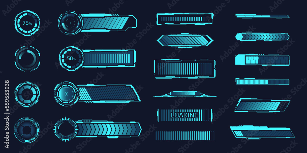 Hud loaders. Loading bar speed progress elements, radial timeline ...
