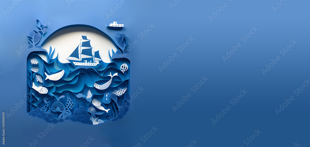 Marine Ship Ocean Papercut Banner. Generative AI Illustration. Paper ...