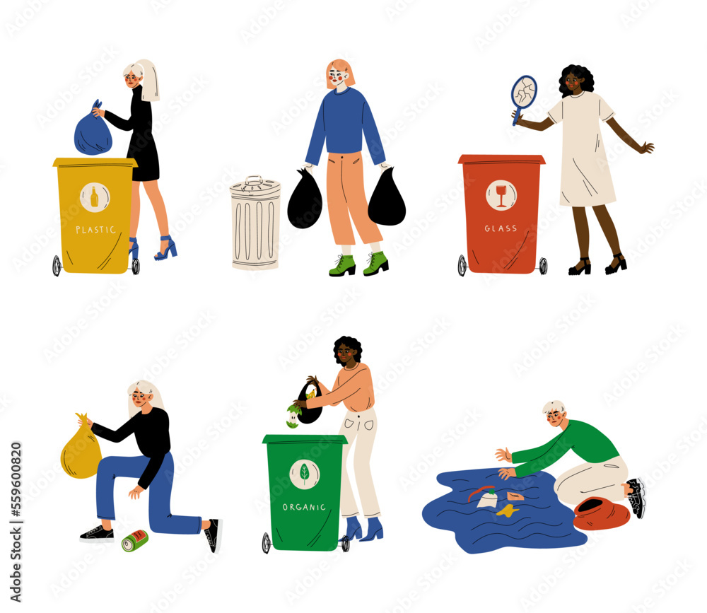 People collecting and throwing garbage into trash cans set. Male and ...