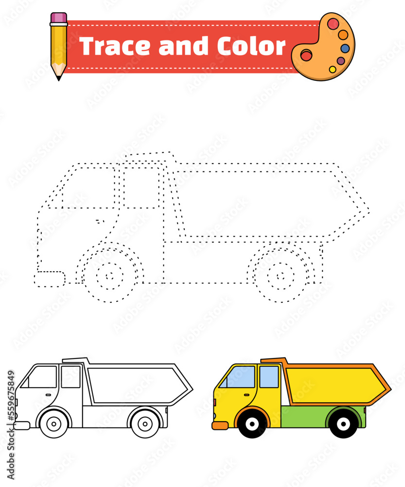 Trace and color for children, coloring page or book, truck vector ...