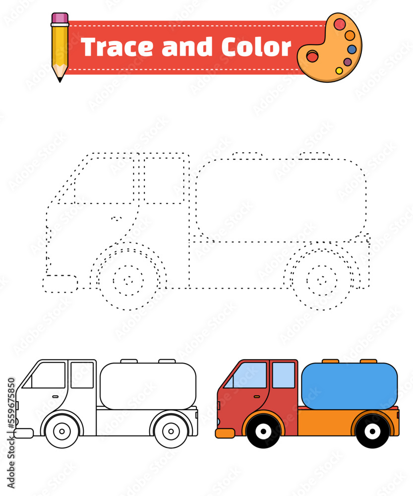 Trace and color for children, coloring page or book, tanker vector ...