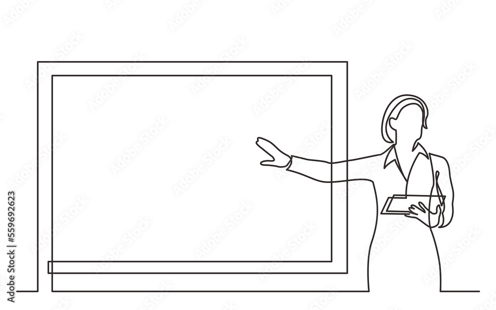 continuous line drawing business woman trainer pointing at screen PNG ...