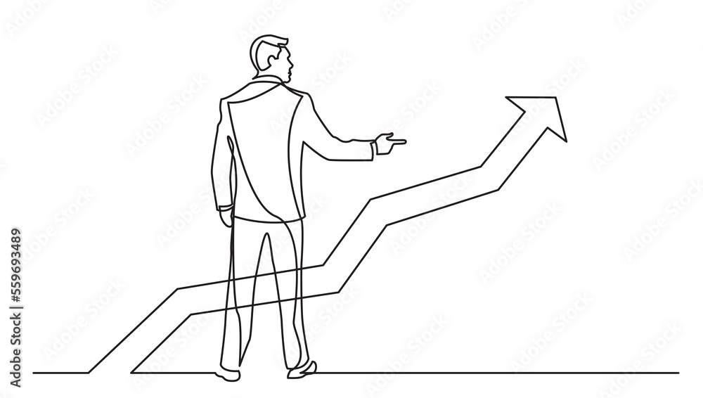 continuous line drawing standing businessman pointing finger at rising ...