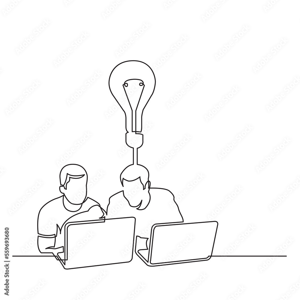 continuous line drawing two men sitting with laptop computers with idea ...