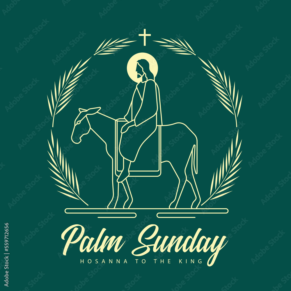 Palm sunday - yellow modern line jesus riding donkey entering jerusalem ...