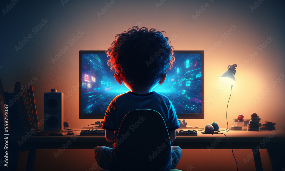Kid playing video games in his room. Back view of a child sitting in ...