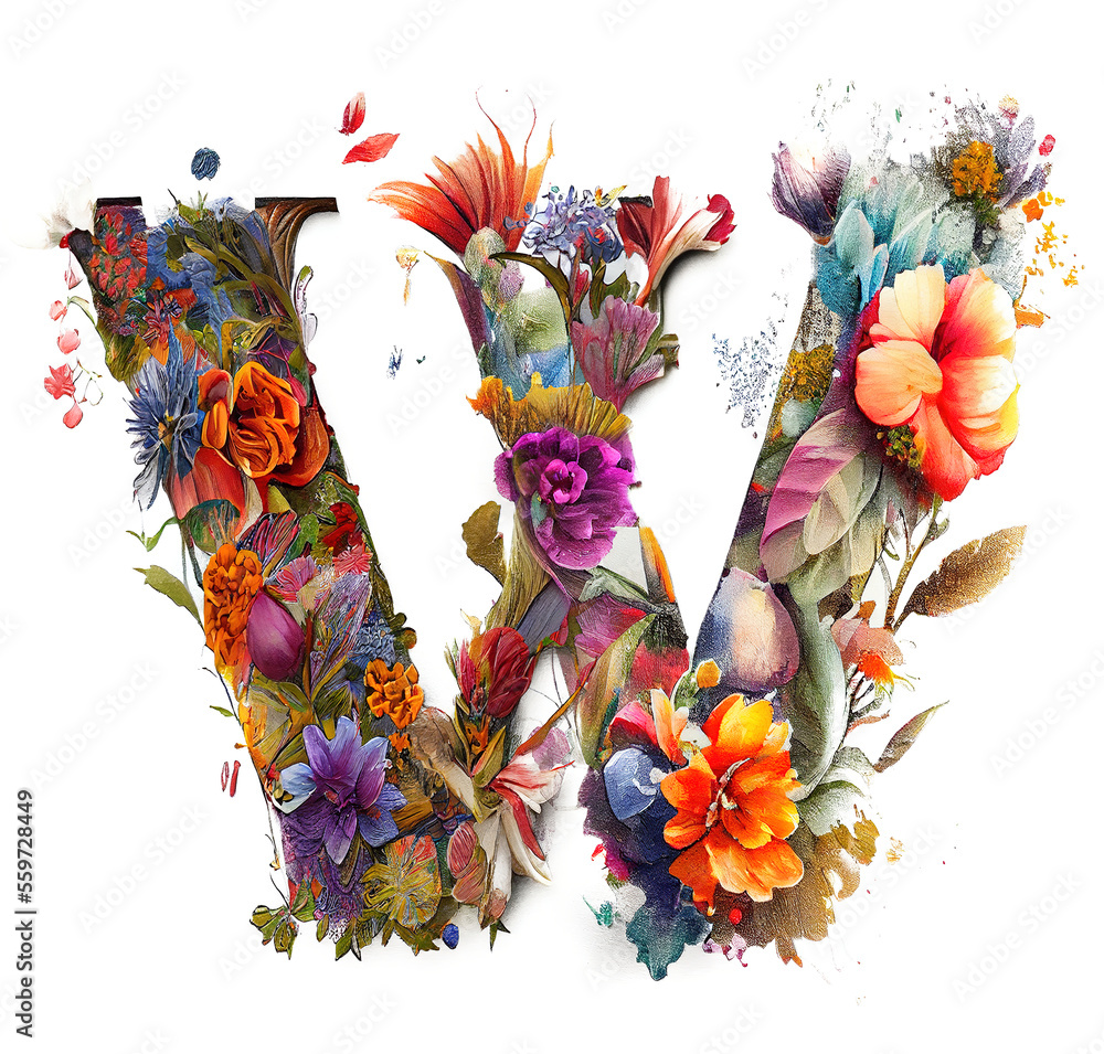 Colorful alphabet capital letter W made with flowers. Ink painting ...