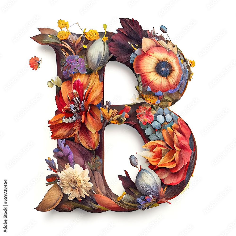 Colorful alphabet capital letter B made with flowers. Ink painting ...